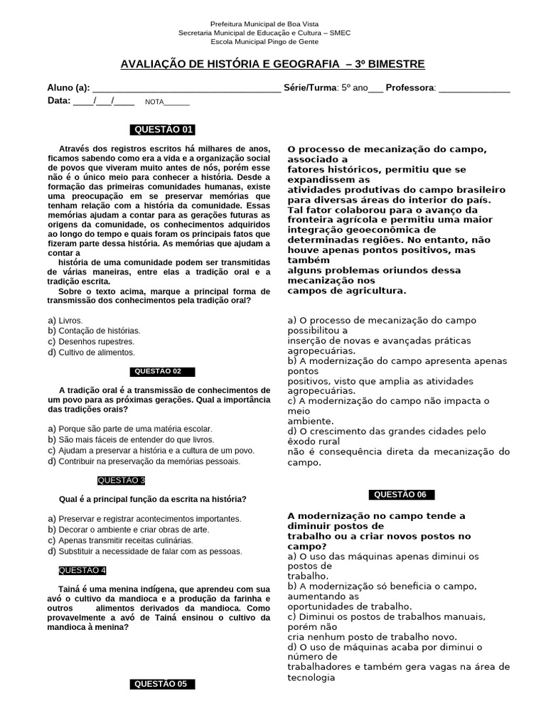Avaliação 3º Bimestre Histori e Geografia. | PDF