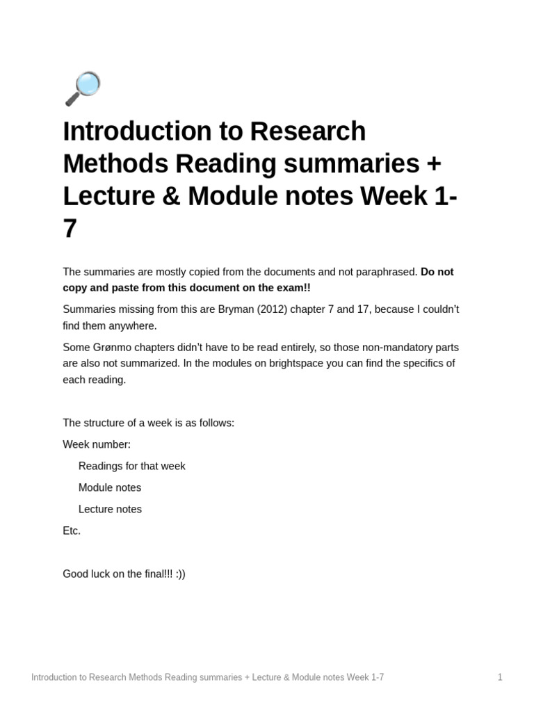 Introduction to Research Methods Reading Summaries + Module and Lecture ...