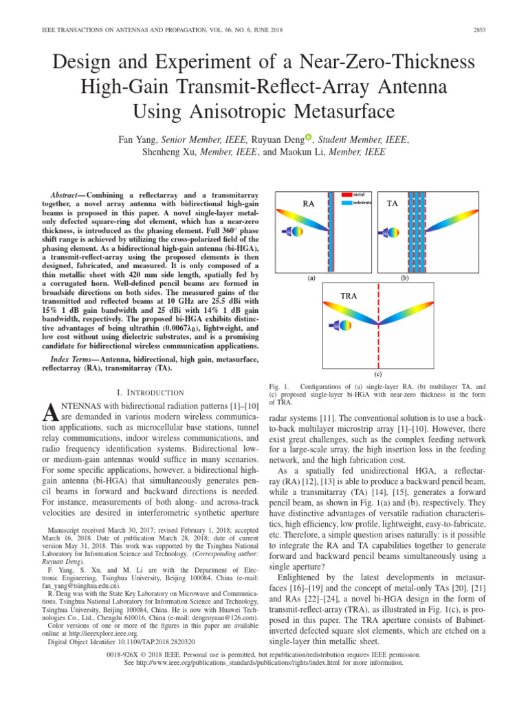 Design and Experiment of A Near-Zero-Thickness High-Gain Transmit-Reflect-Array Antenna Using ...