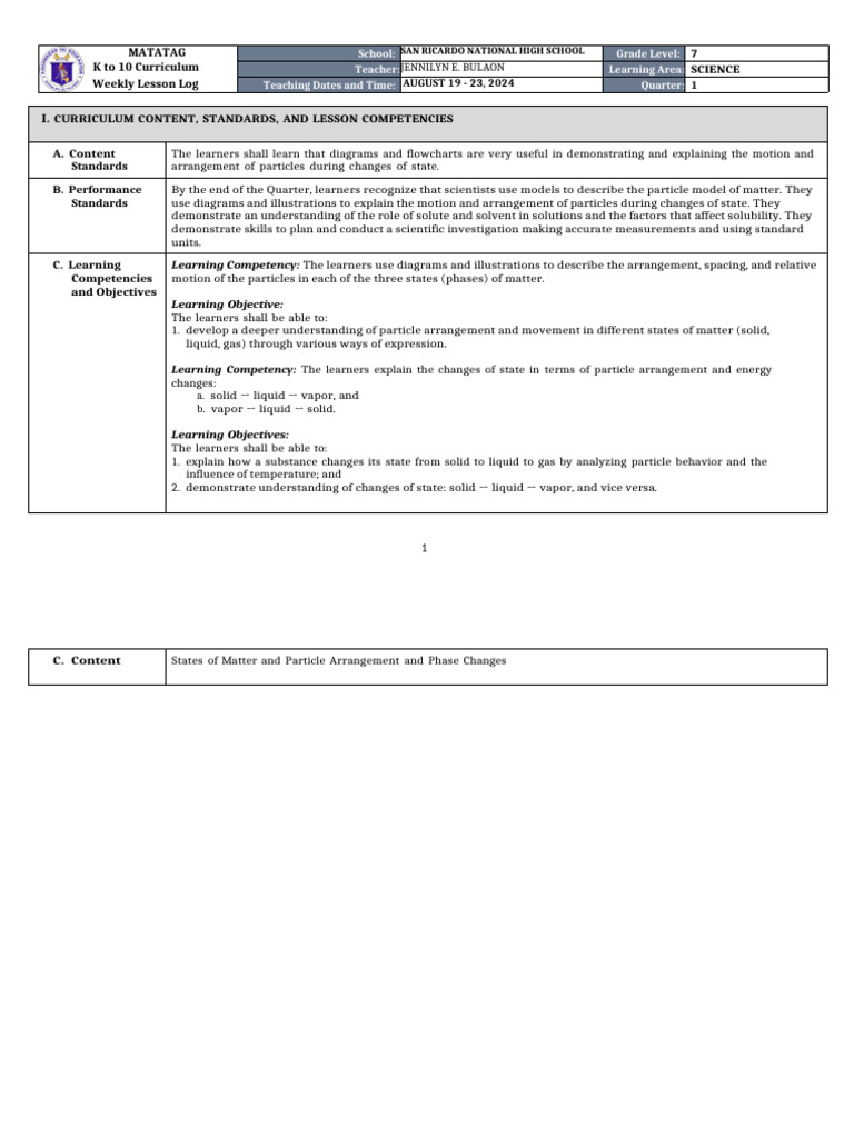 DLL Matatag - Science 7 Q1 W3 | PDF | Liquids | Evaporation