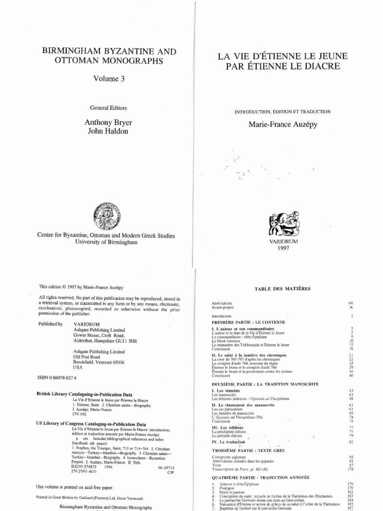 Auzepy, La Vie D'etienne Le Jeune Par Etienne de Diacre | PDF