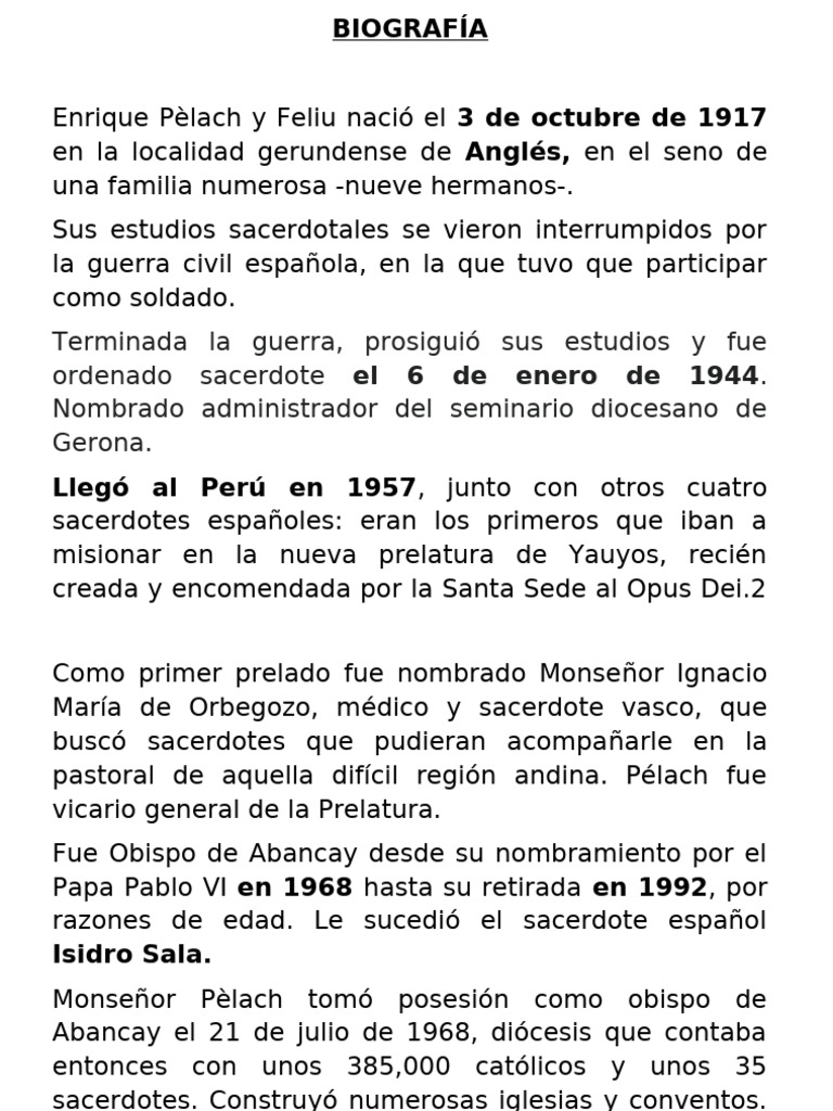 BIOGRAFÍA Mons. Enrique Pelach | PDF