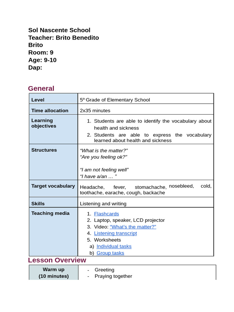 Lesson Plan Health and Sickness | PDF | Teachers | Language Arts & Discipline