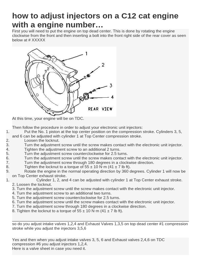 how to adjust injectors on a C12 cat engine with a engine number | PDF