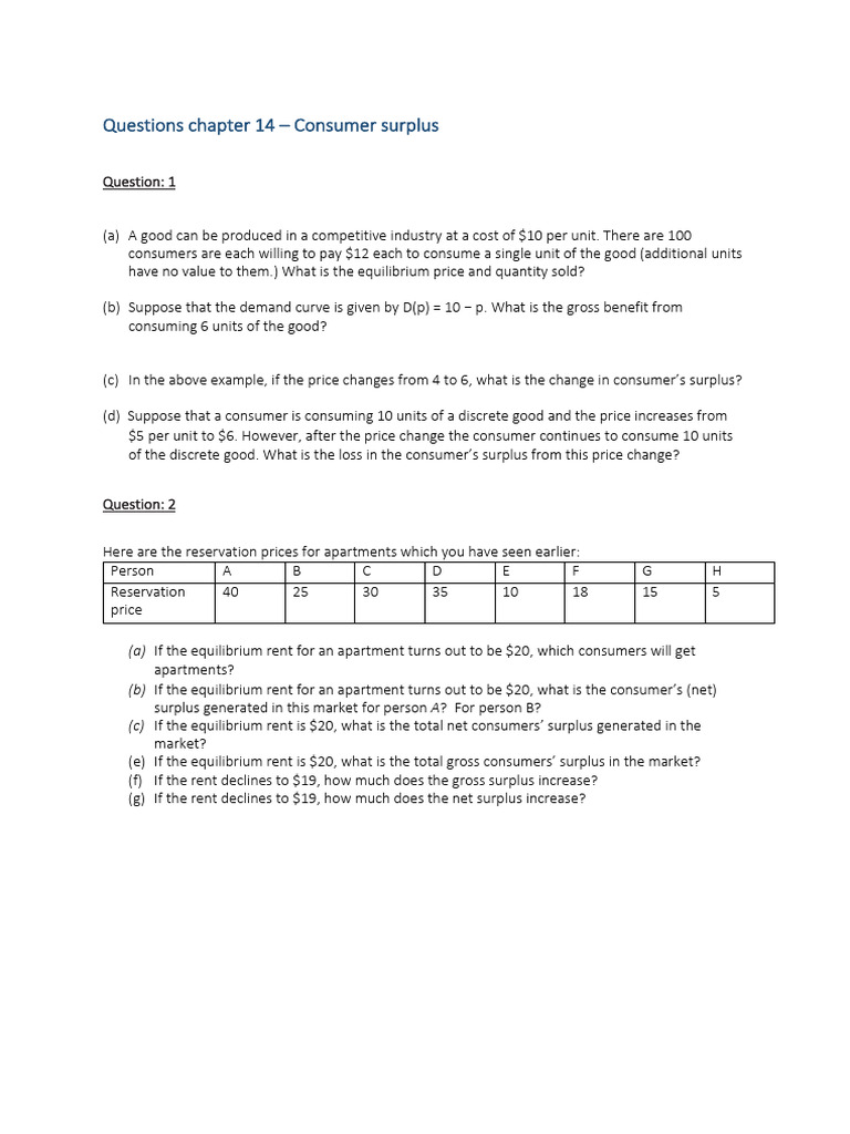 Chapter 14 Consumer Surplus Practice Questions Pdf