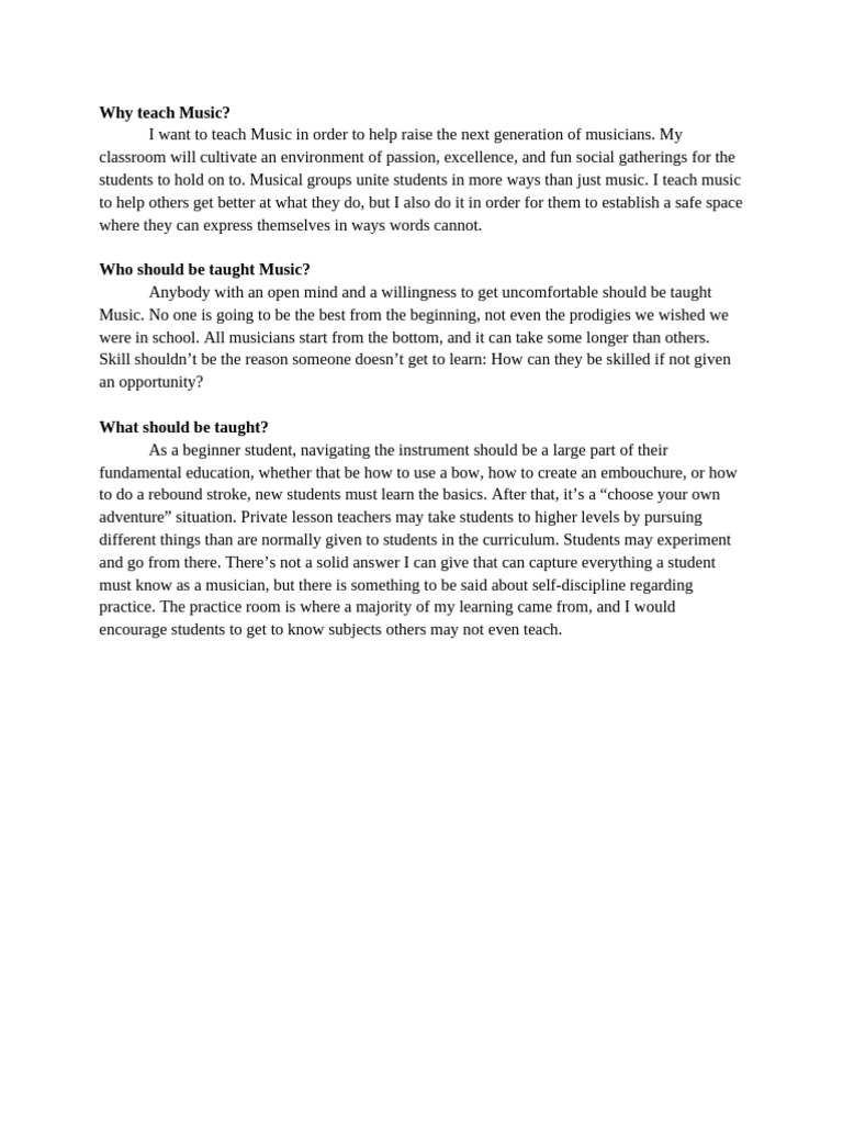 MUED - Philosophy of Music Education Exit Ticket | PDF