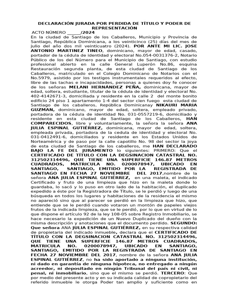 Declaración Jurada Por Perdida de Título y Poder de Representación | PDF