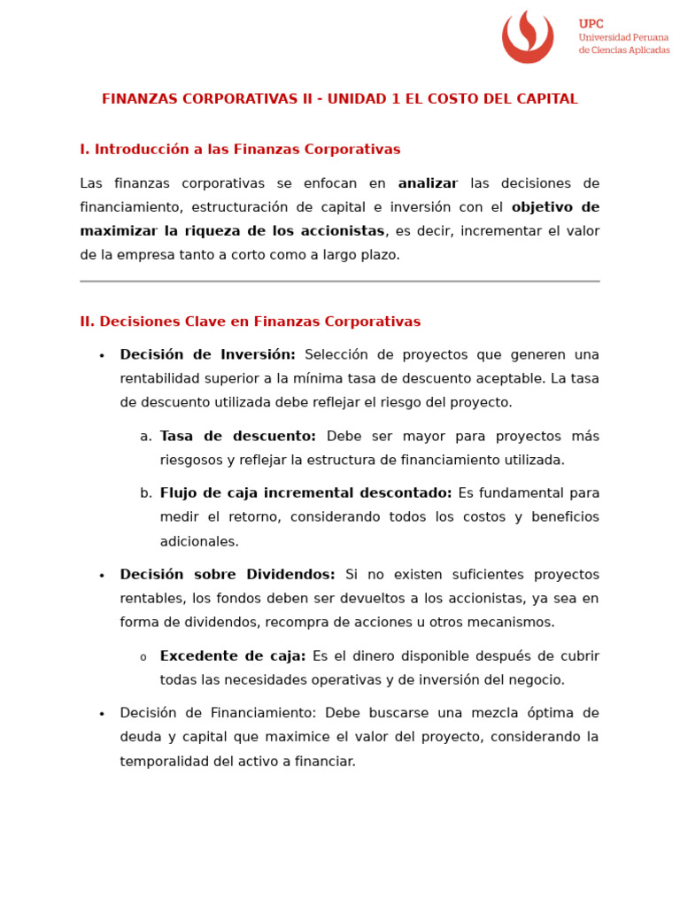 Resumen Finanzas Corporativas II - Unidad 1 El Costo Del Capital | PDF