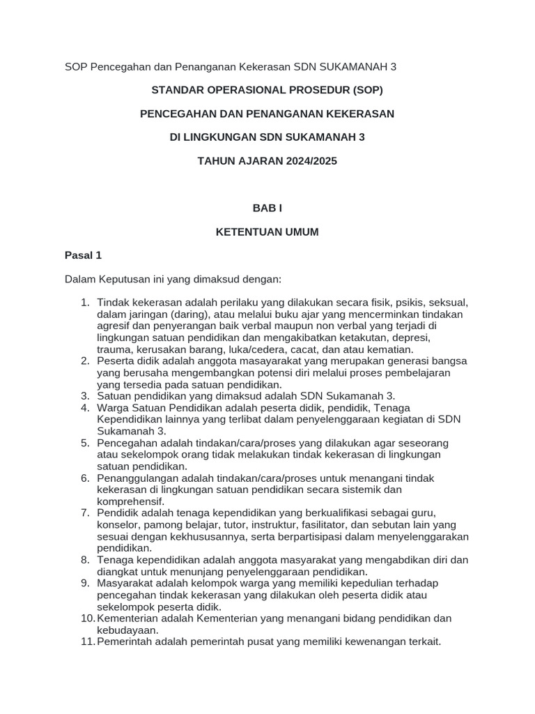 SOP Pencegahan Dan Penanganan Kekerasan SDN SUKAMANAH 3 | PDF