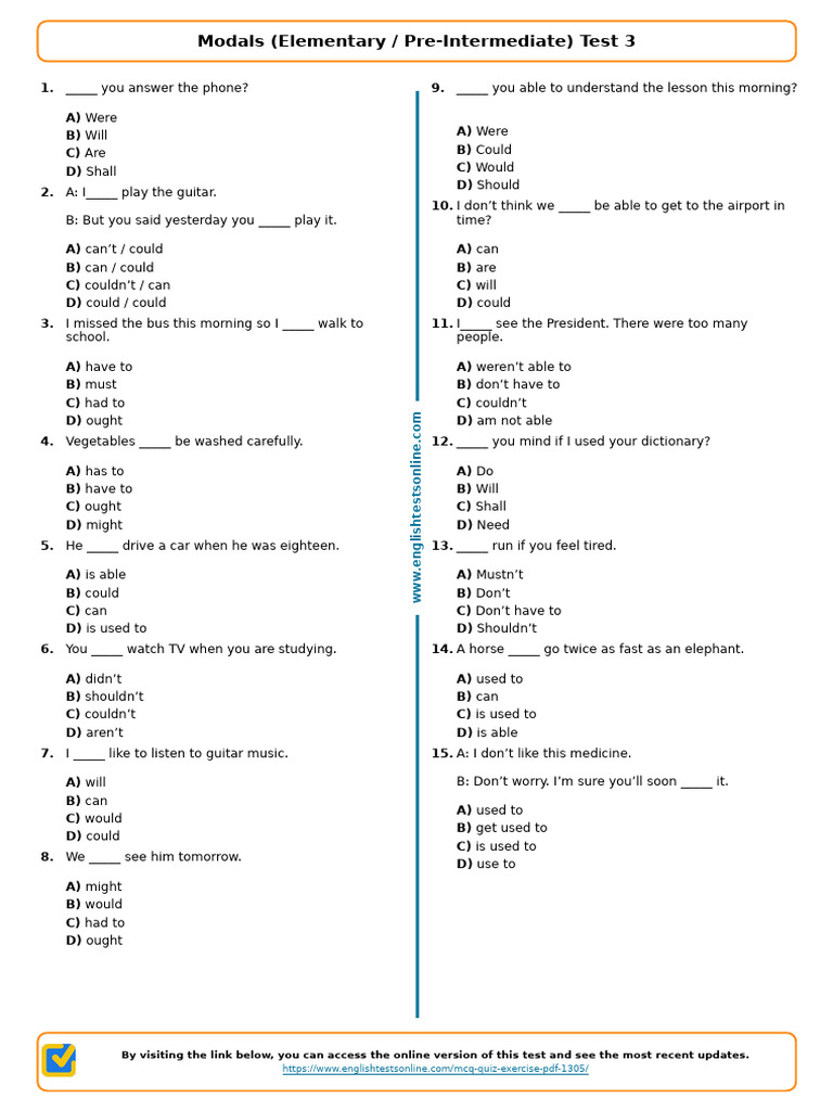 1305 - Modals Elementary Pre Intermediate Test 3 | PDF