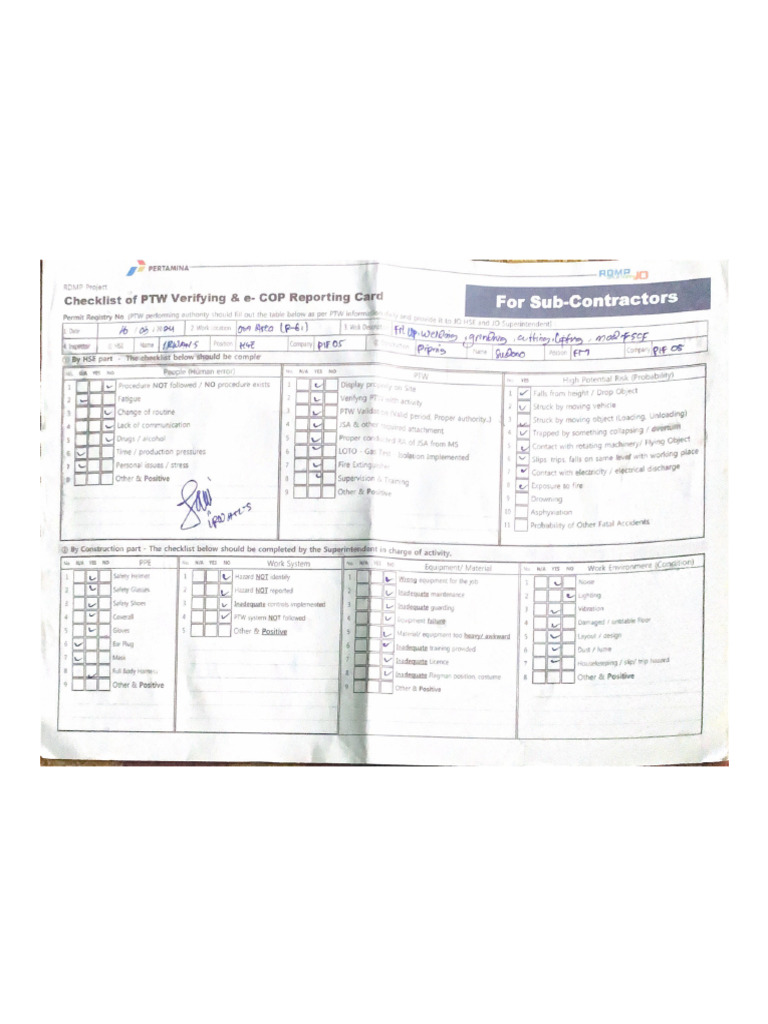 Checklist of PTW Verifying & E - COP Reporting Card | PDF