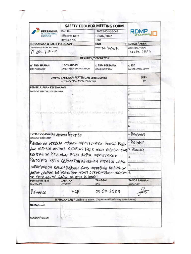 Safety TBM Att List | PDF