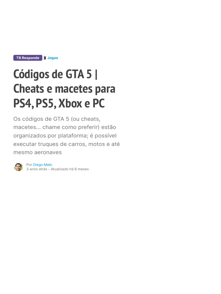 Códigos de GTA 5 - Cheats e Macetes para PS4, PS5, Xbox e PC ...