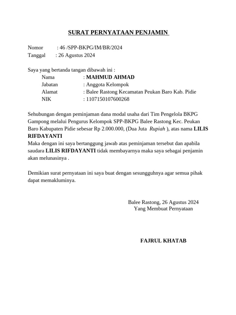 Surat Pernyataan Penjamin | PDF