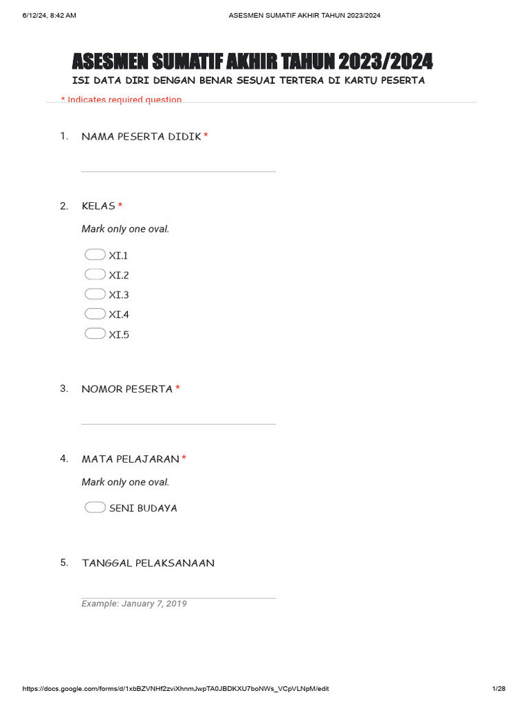 ASAT 2023 - 2024 - SENI BUDAYA KELAS XI - Google Forms | PDF