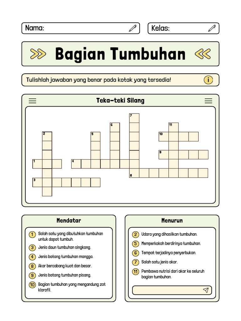 Bagian Tumbuhan Lembar Kerja Pendidikan Teka-Teki Silang IPAS Hijau Kuning Garis Sederhana | PDF