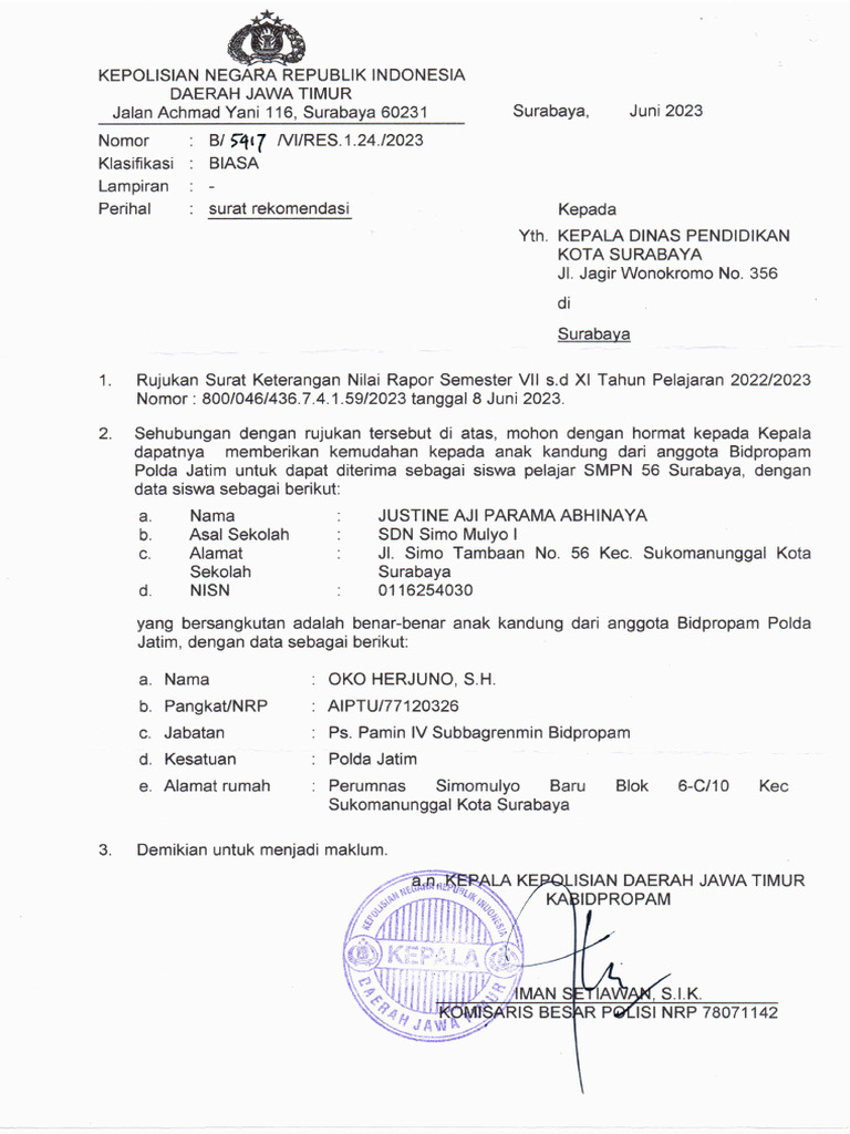 Surat Rekom Satuan | PDF