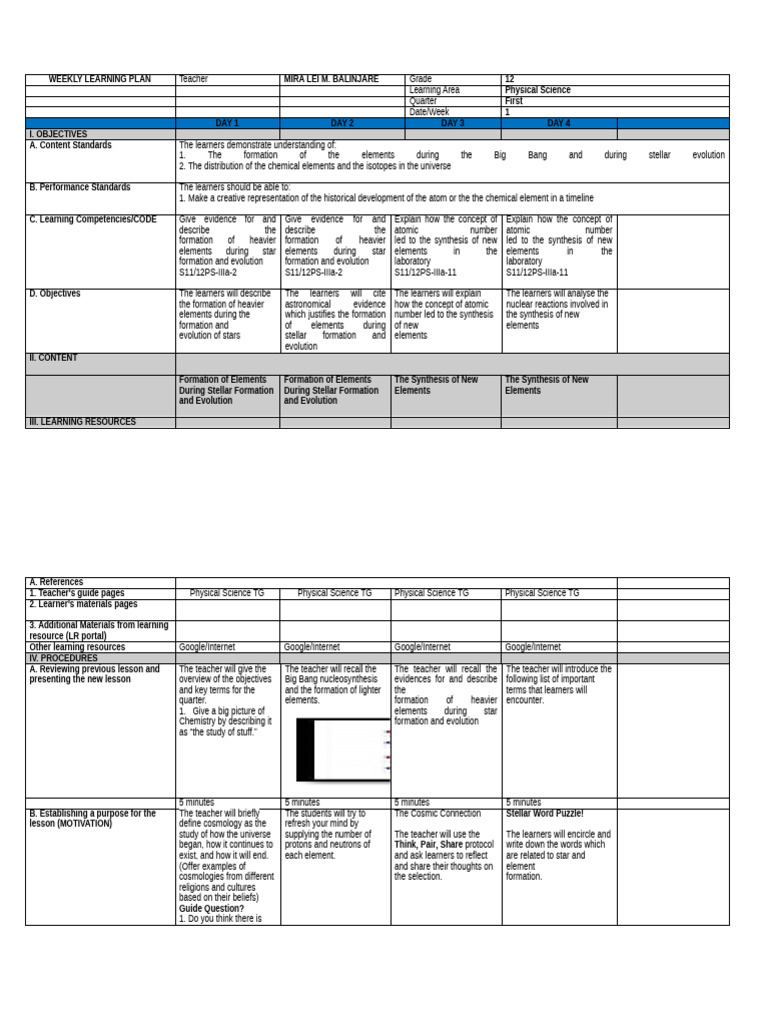 Physical Science DLP Q1W1 | PDF | Chemical Elements | Radioactive Decay