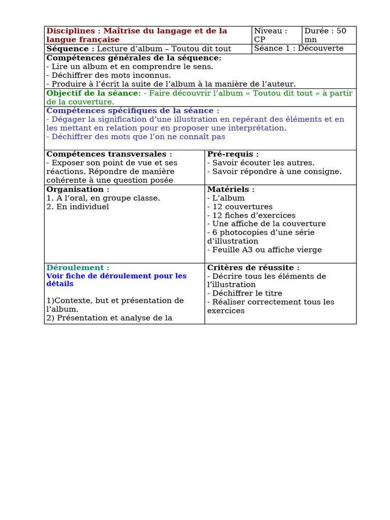 Fiche - Prep - Cover Toutou Dit Tout | PDF