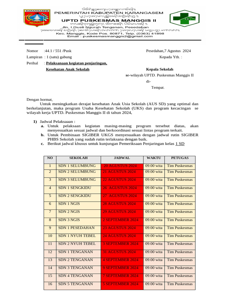 Surat Uks 16 SD Penjaringan 2024 | PDF