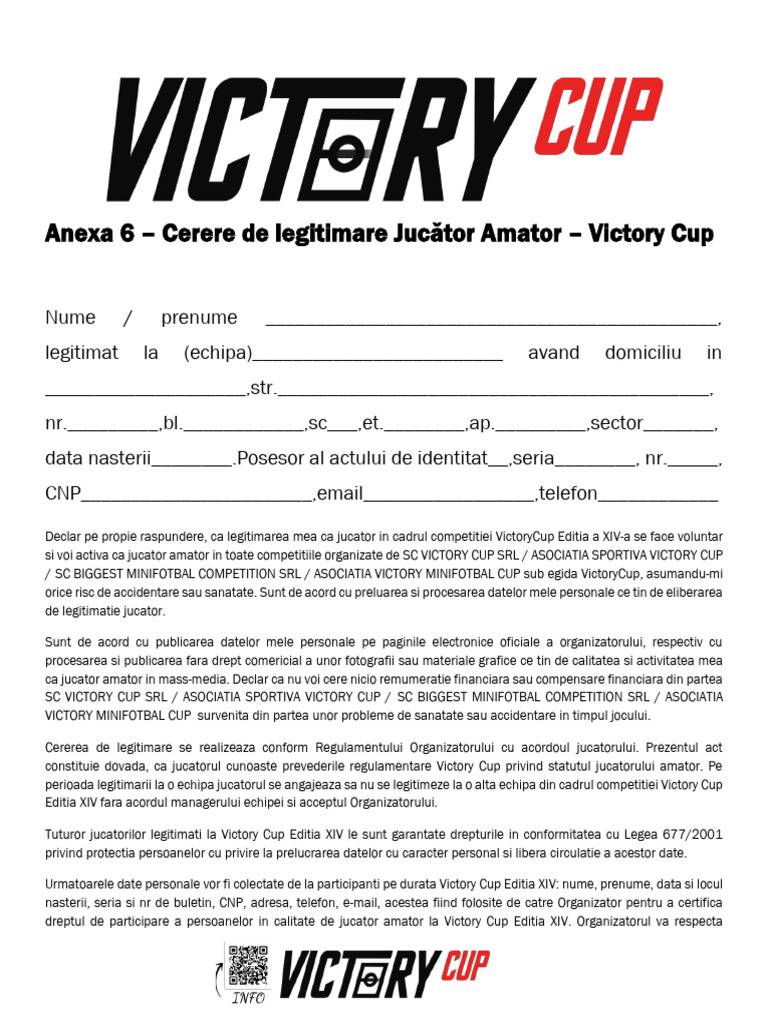 Anexa 6 â Cerere de legitimare JucÄ tor Amator â Victory Cup | PDF