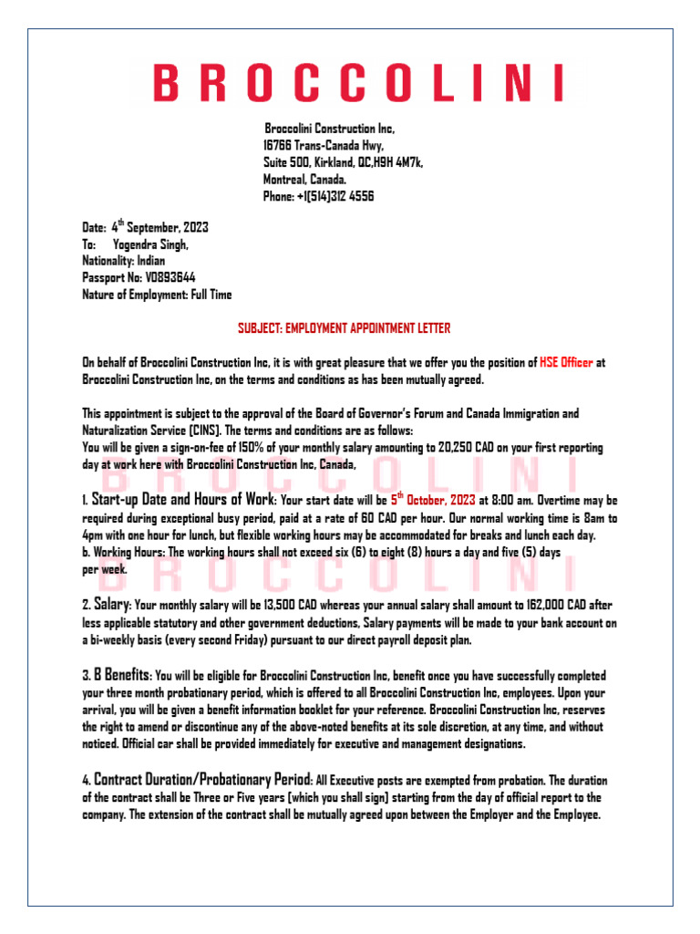 Broccolini Construction - Appointment Letter-R | PDF