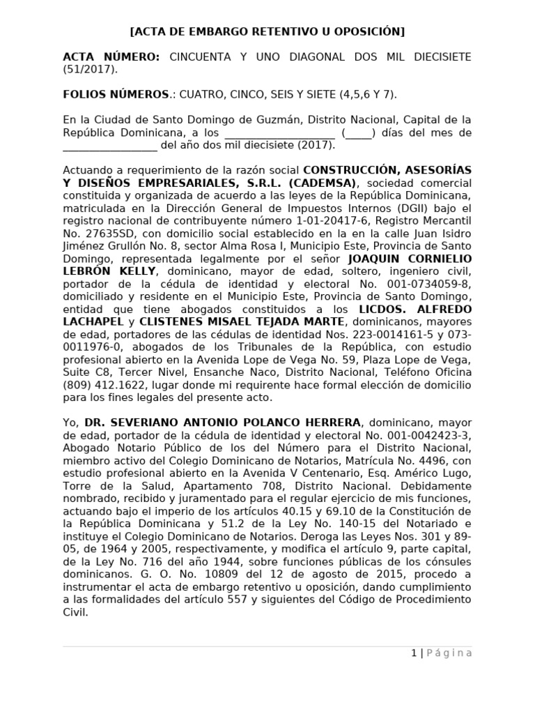 Acto Embargo Retentivo - Notario Publico - DOWNTOWN SANTO DOMINGO | PDF