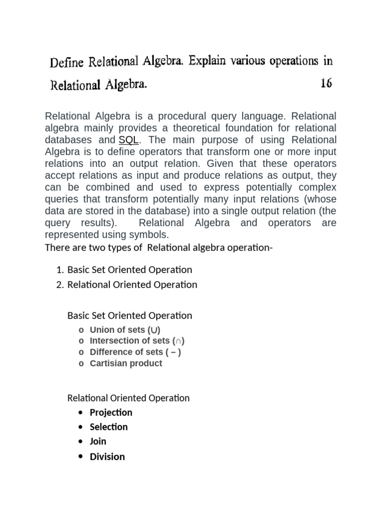 Relational Algebra and Operation | PDF