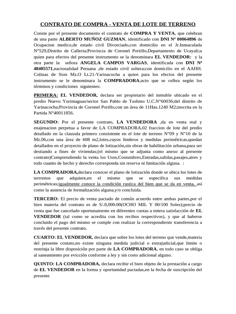 CONTRATO DE COMPRA Y VENTA DE LOTE DE TERRENO | PDF