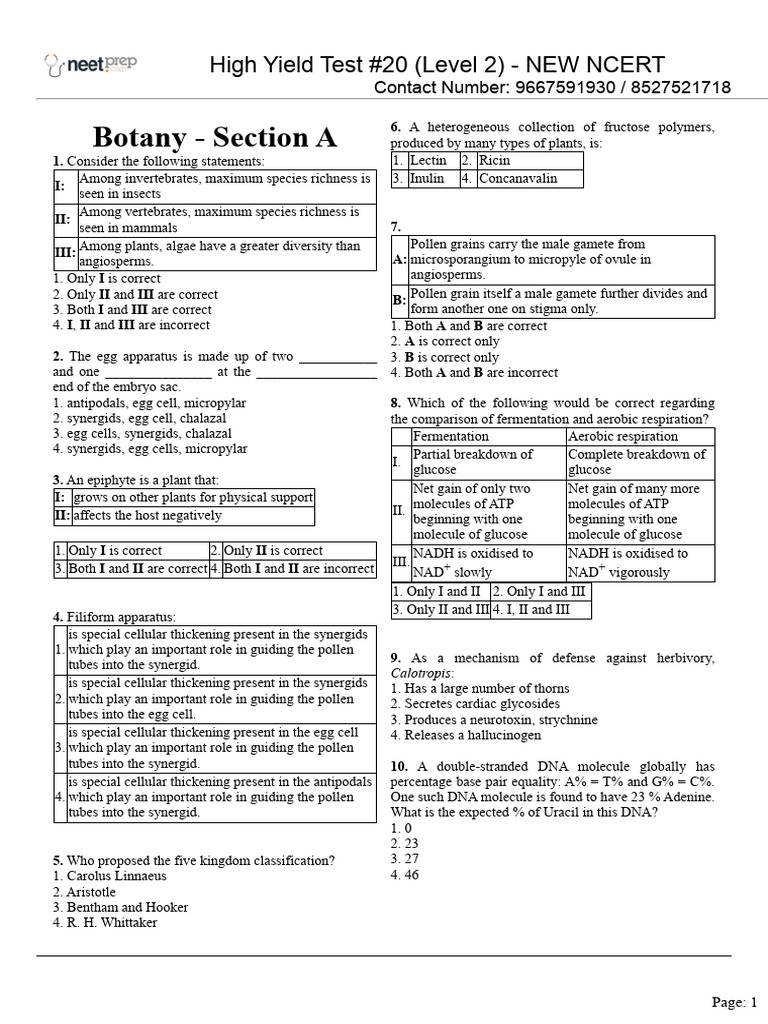 High Yield Test #20 (Level 2) - NEW NCERT | PDF