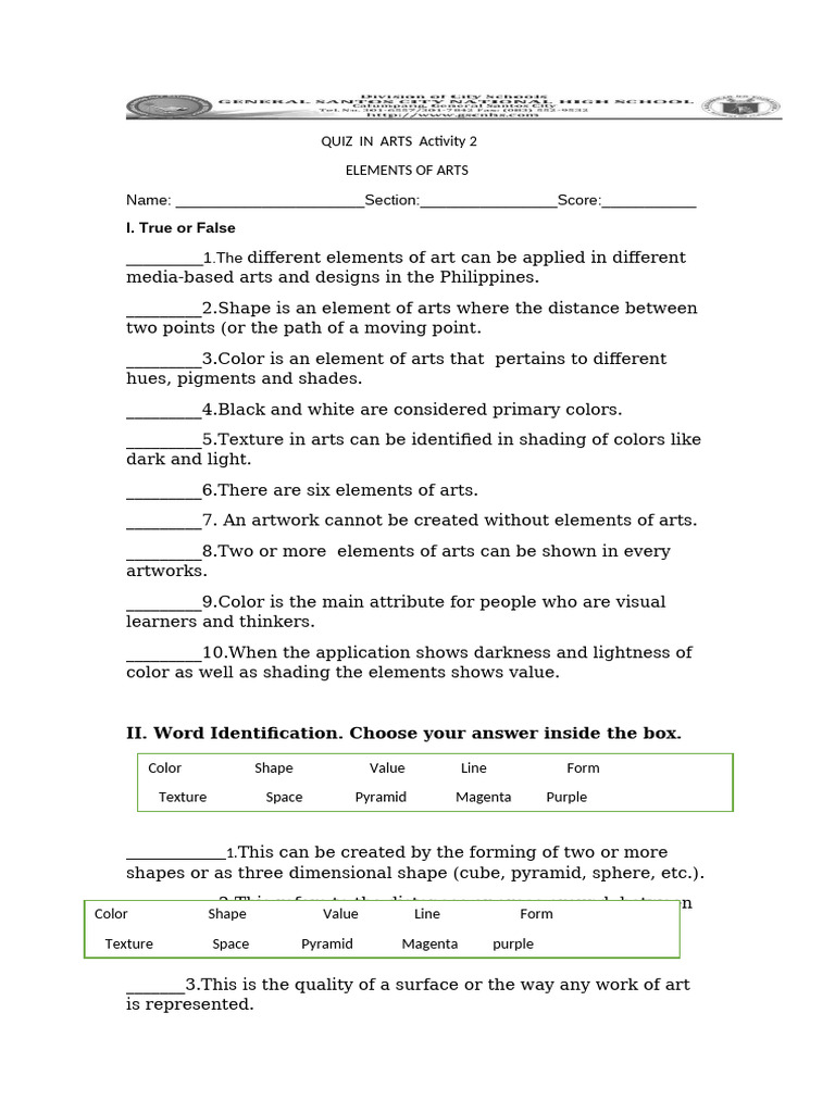 Elements of Arts Quiz | PDF