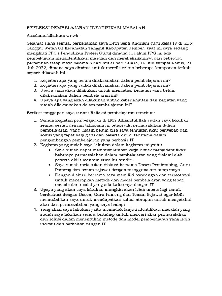 Refleksi Pembelajaran Identifikasi Masalah - SD012 - Dewi Septi ...