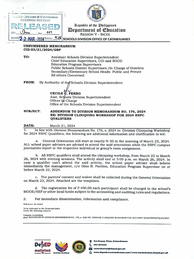 Rec Dac 027 Addendum To Division Memorandum No.176 2024 Re Division Cliniquing Workshop For 2024 ...