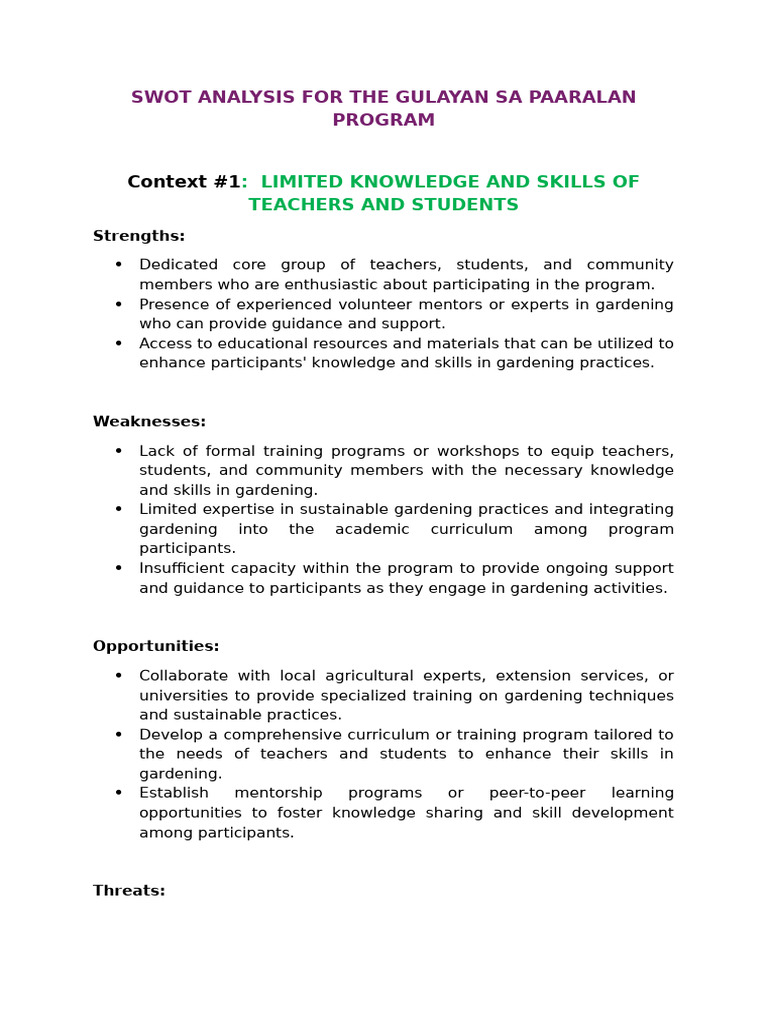 SWOT Analysis of Gulayan sa Paaralan | PDF | Sustainability ...