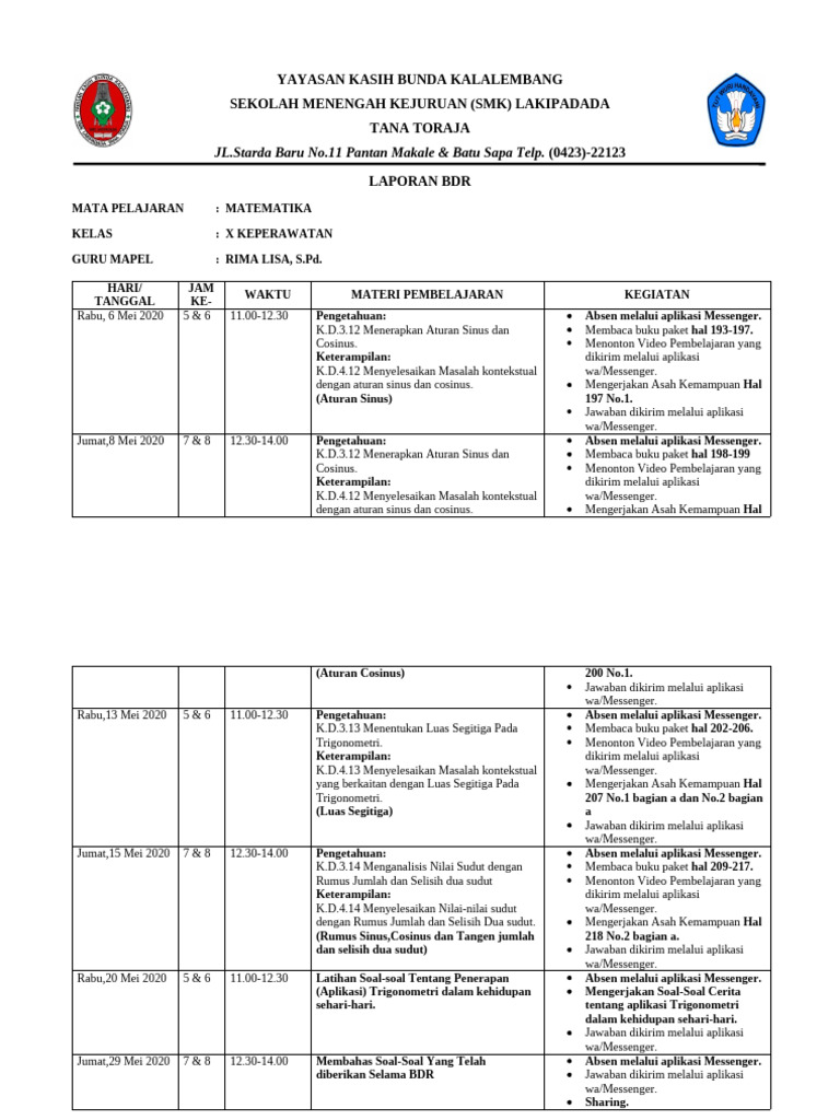 Laporan BDR Mapel Matematika | PDF