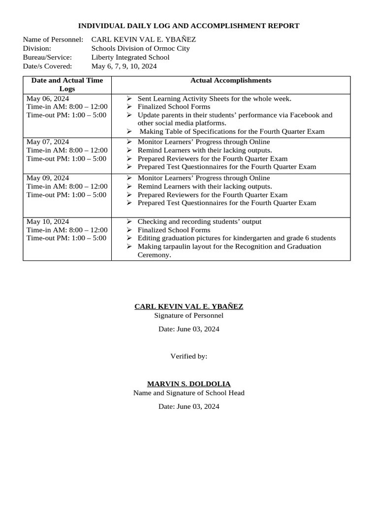 INDIVIDUAL DAILY LOG AND ACCOMPLISHMENT REPORT | PDF