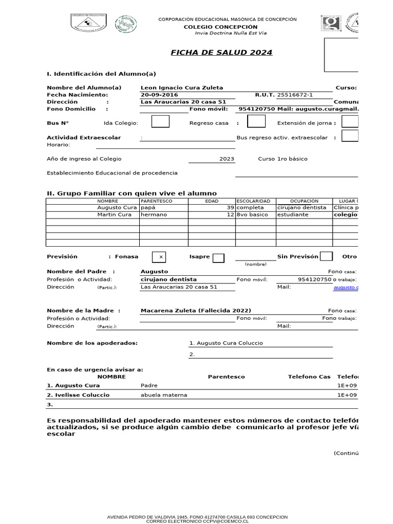 Ficha Salud Leon Alumnos 2024 | PDF