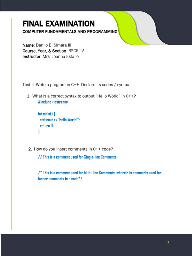 Final Examination - Computer Fundamentals & Programming (Simara, Danilo ... Final Examination - Computer Fundamentals & Programming (Simara, Danilo ...