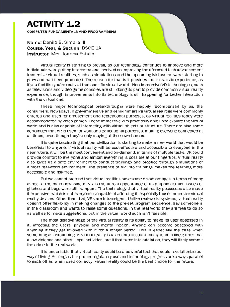 Activity 1.2 - Virtual Reality (Reflection, Importance, Advantages and ... Activity 1.2 - Virtual Reality (Reflection, Importance, Advantages and ...