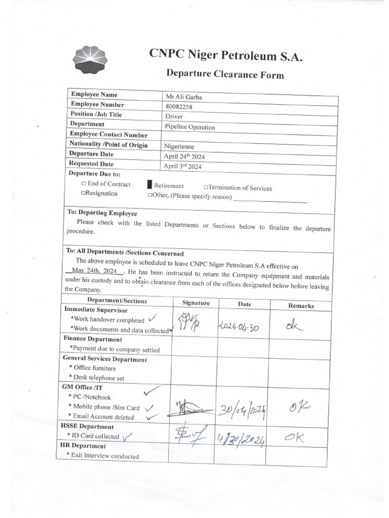 Departure Clearance Form | PDF