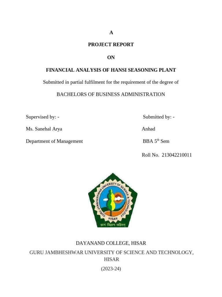 Anhad Project Report, BBA 5th Sem, Roll No. 213042210011 | PDF