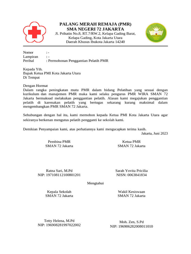 Surat Permintaan Penggantian Pelatih PMR | PDF