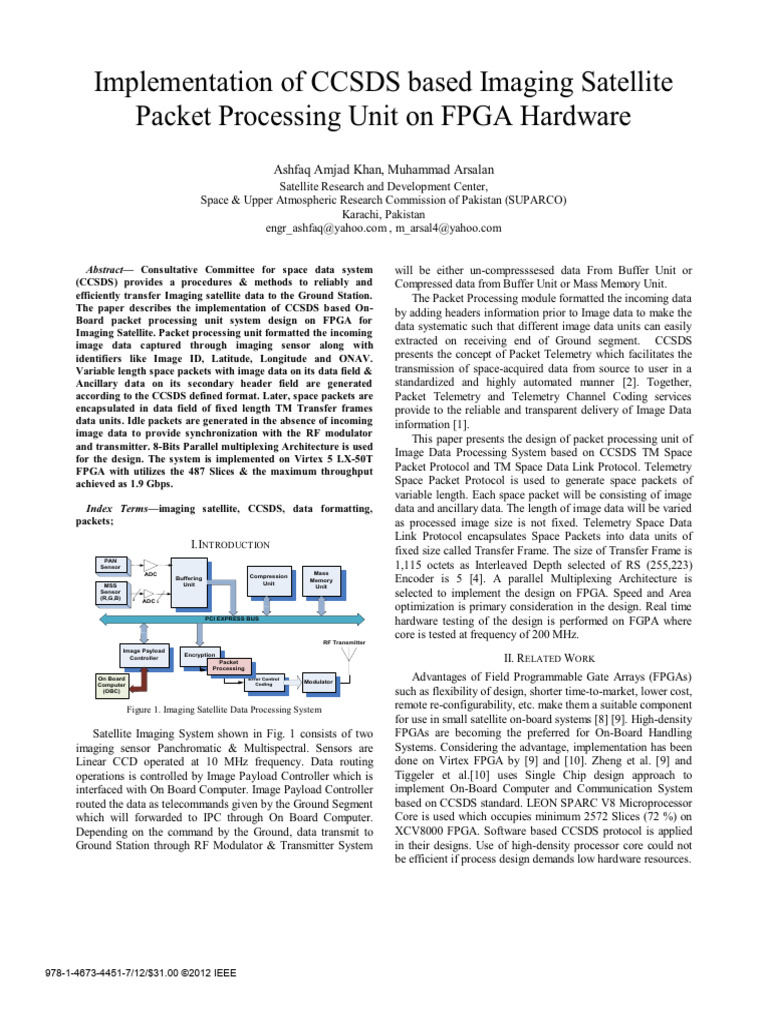 Implementation of CCSDS Based Imaging Satellite Packet Processing Unit On FPGA Hardware | PDF