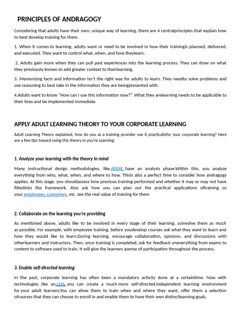 L1.2 Principles of Andragogy and Applpying Theory To Corporate | PDF