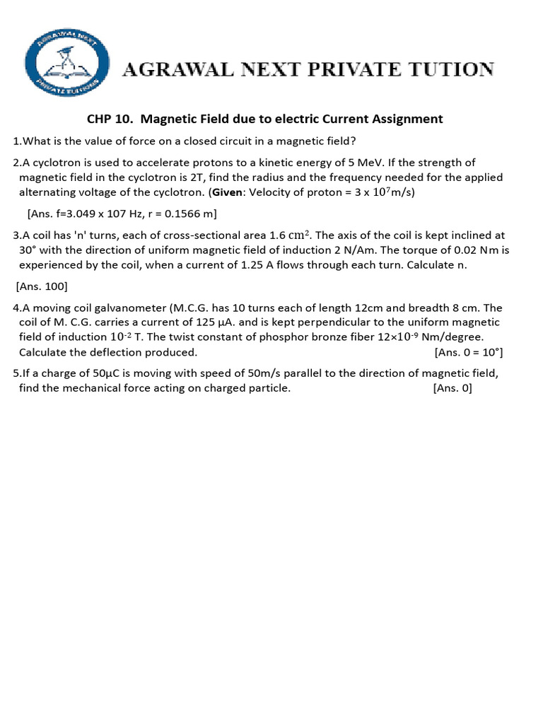 CHP 10 Magnetic Field Due To Electric Current Assignment2 | PDF
