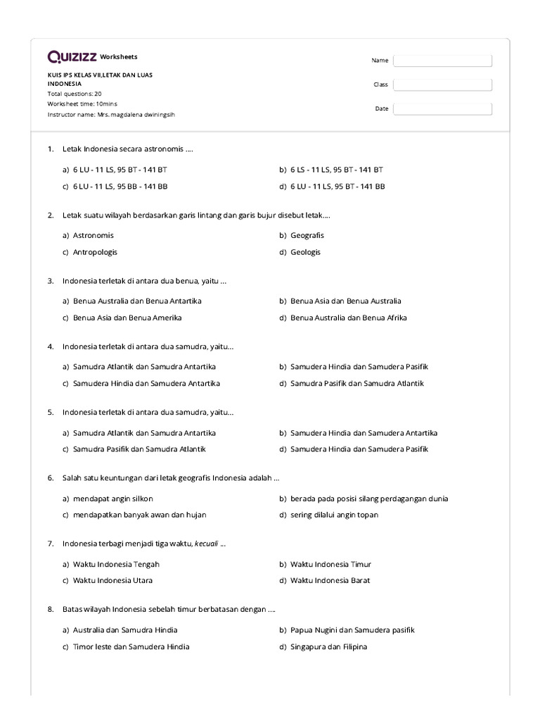 KUIS IPS KELAS VII, LETAK DAN LUAS INDONESIA - Quizizz | PDF