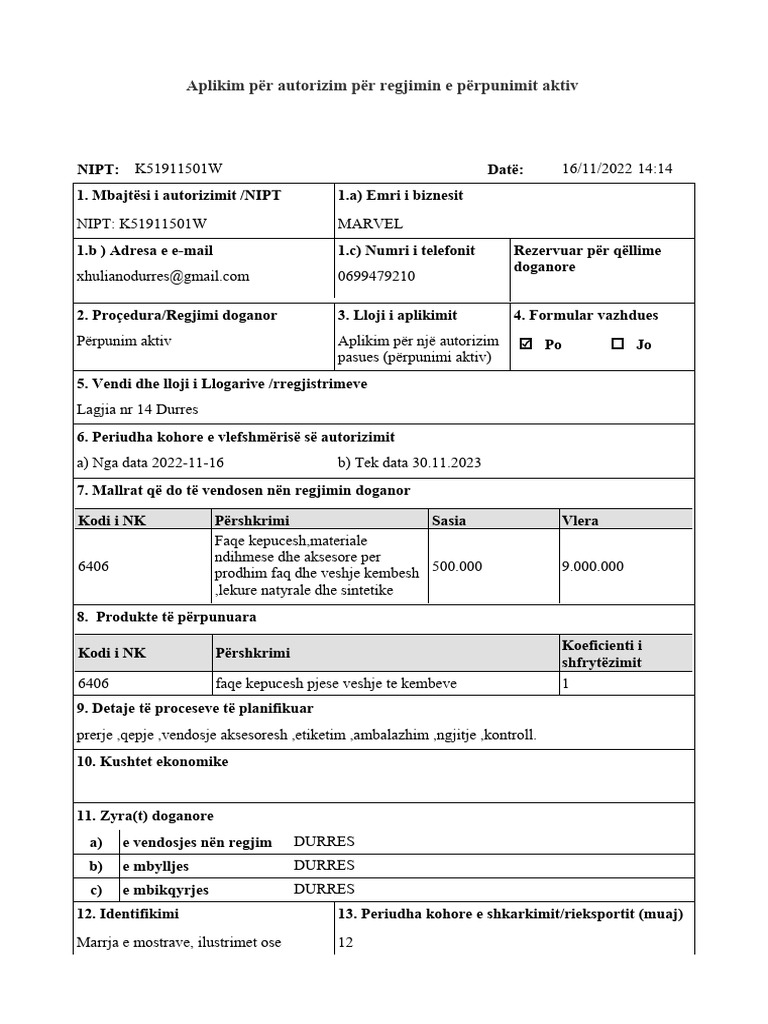 Aplikim Për Autorizim Për Regjimin e Përpunimit Aktiv | PDF