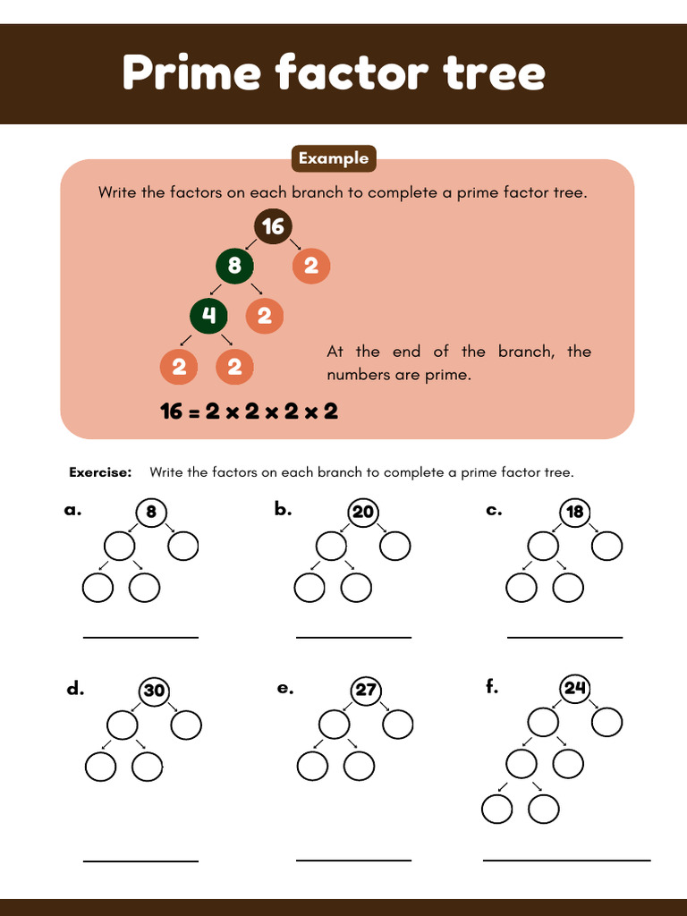 Prime Factor Tree Worksheet in Brown Orange Illustrative Style | PDF