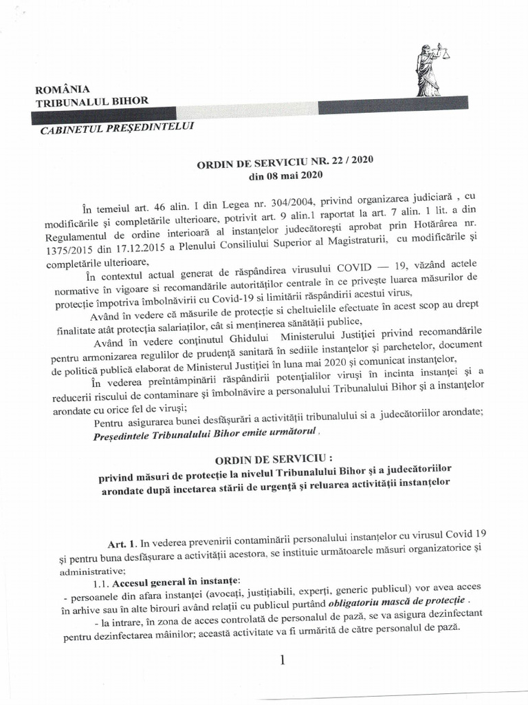 Ordin de Serviciu NR 22 - 2020 - Tribunalul Bihor | PDF