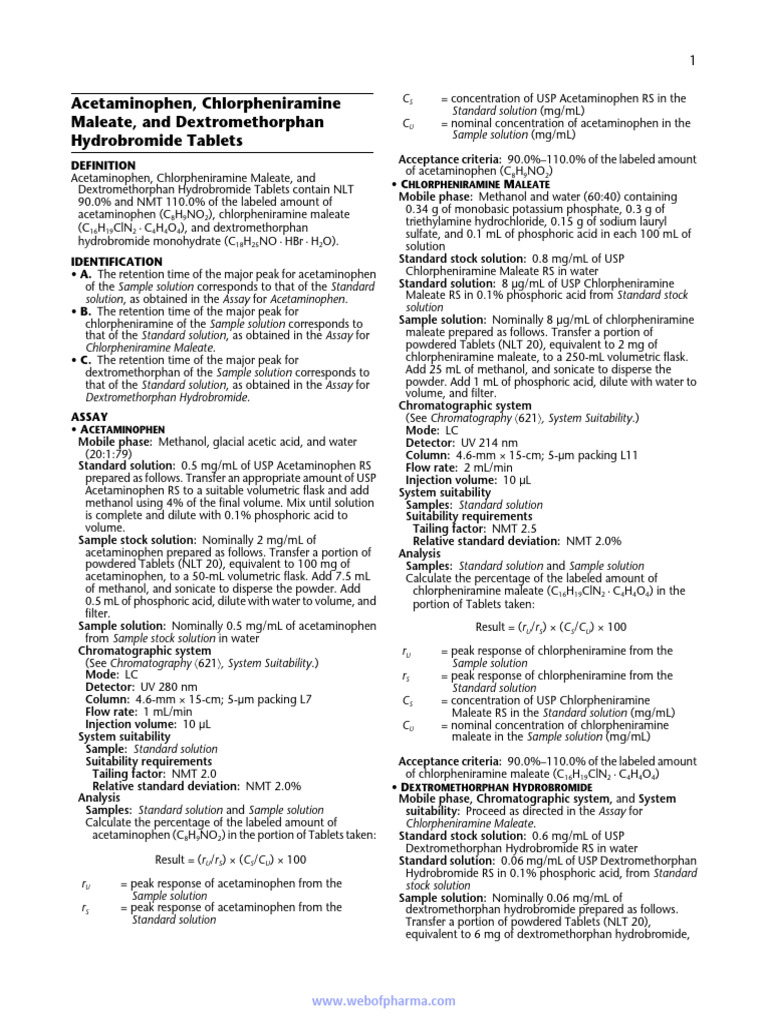 Acetaminophen, Chlorpheniramine Maleate, and Dextromethorphan Hydrobromide Tablets | PDF